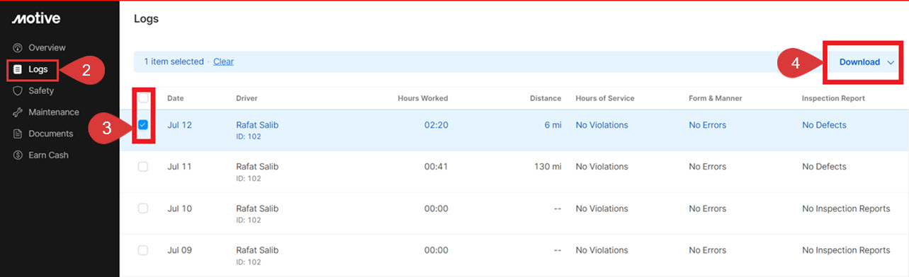 How can a Driver download logs older than 14 days? – Motive Help Center