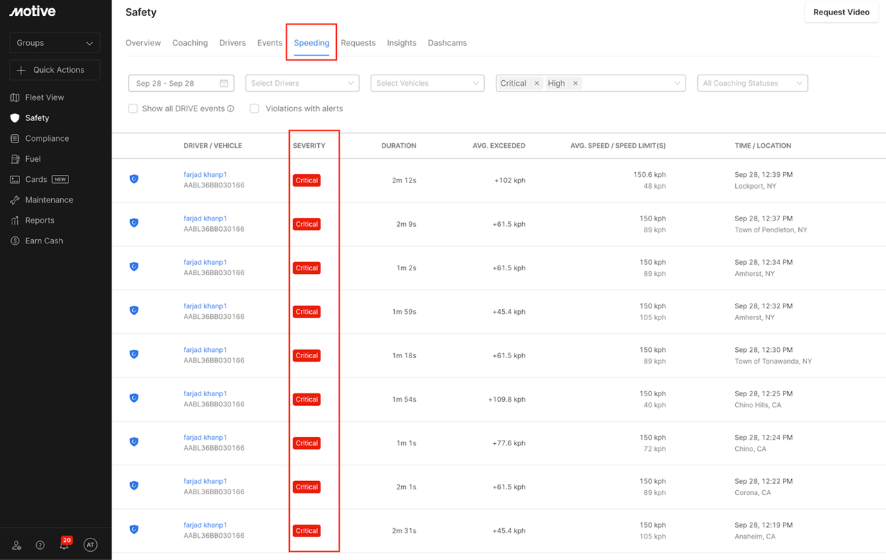 How to monitor fleet’s Speeding behavior – Motive Help Center